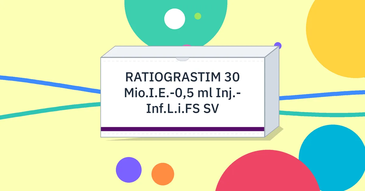 Symbolbild: Packung mit der Aufschrift RATIOGRASTIM 30 Mio.I.E.-0,5 ml Inj.-Inf.L.i.FS SV (PZN 11072066) – Verfügbarkeit und Bezug in Apotheken in Frankfurt am Main