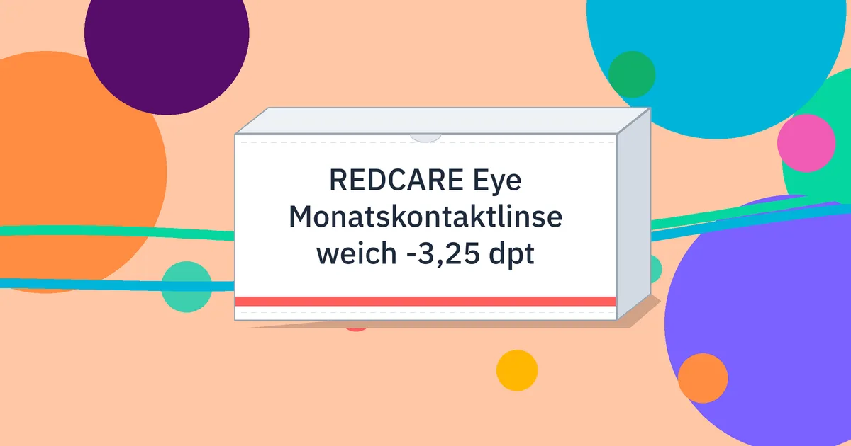 Symbolbild: Packung mit der Aufschrift REDCARE Eye Monatskontaktlinse weich -3,25 dpt (PZN 18782026) – Verfügbarkeit und Bezug in Apotheken in Frankfurt am Main