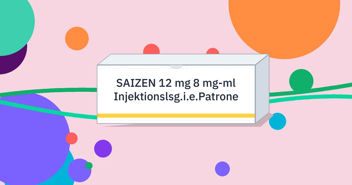 Symbolbild: Packung mit der Aufschrift SAIZEN 12 mg 8 mg-ml Injektionslsg.i.e.Patrone (PZN 16926952) – Verfügbarkeit und Bezug in Apotheken in Frankfurt am Main