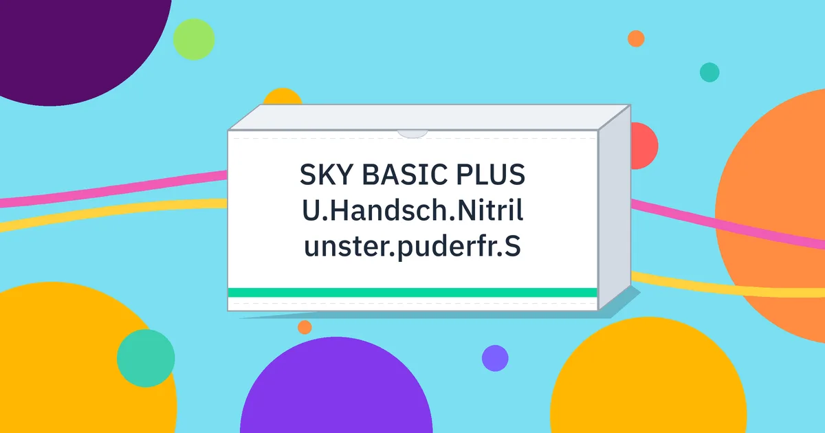 Symbolbild: Packung mit der Aufschrift SKY BASIC PLUS U.Handsch.Nitril unster.puderfr.S (PZN 15570217) – Verfügbarkeit und Bezug in Apotheken in Frankfurt am Main