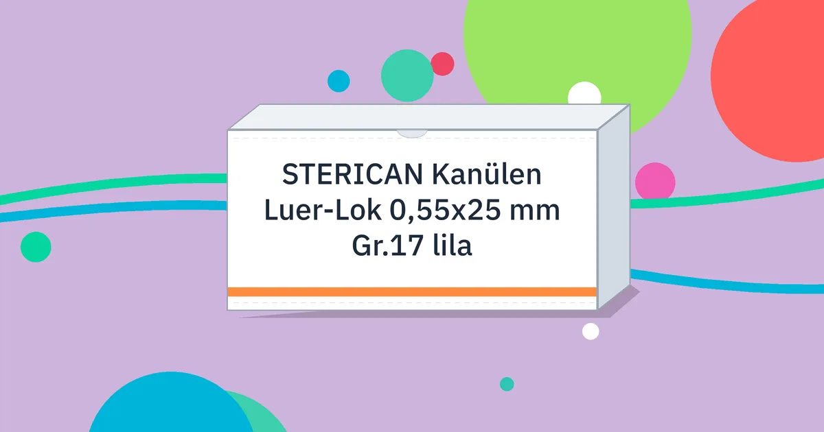 Symbolbild: Packung mit der Aufschrift STERICAN Kanülen Luer-Lok 0,55x25 mm Gr.17 lila (PZN 19531450) – Verfügbarkeit und Bezug in Apotheken in Frankfurt am Main