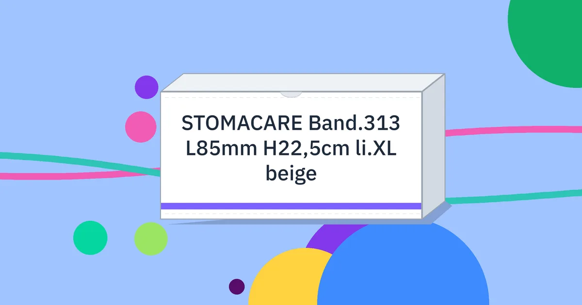 Symbolbild: Packung mit der Aufschrift STOMACARE Band.313 L85mm H22,5cm li.XL beige (PZN 10840741) – Verfügbarkeit und Bezug in Apotheken in Frankfurt am Main