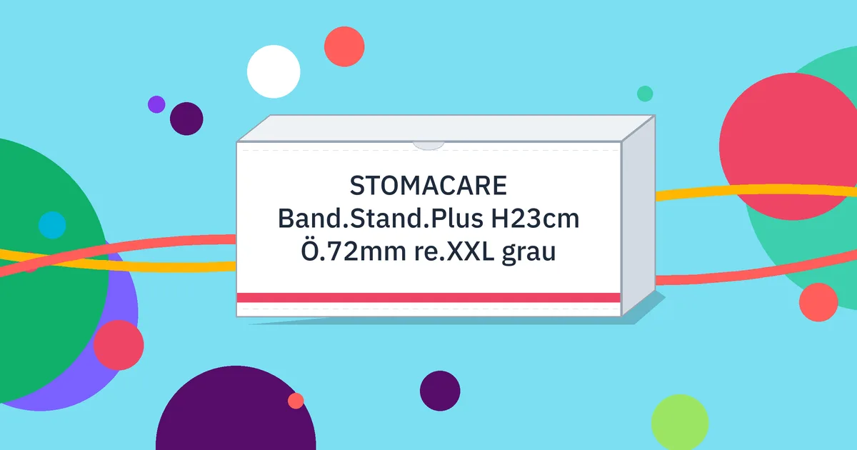 Symbolbild: Packung mit der Aufschrift STOMACARE Band.Stand.Plus H23cm Ö.72mm re.XXL grau (PZN 16751091) – Verfügbarkeit und Bezug in Apotheken in Frankfurt am Main