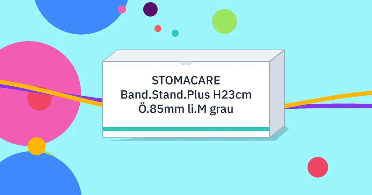 Symbolbild: Packung mit der Aufschrift STOMACARE Band.Stand.Plus H23cm Ö.85mm li.M grau (PZN 16751145) – Verfügbarkeit und Bezug in Apotheken in Frankfurt am Main
