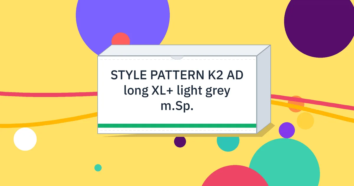Symbolbild: Packung mit der Aufschrift STYLE PATTERN K2 AD long XL+ light grey m.Sp. (PZN 19695163) – Verfügbarkeit und Bezug in Apotheken in Frankfurt am Main