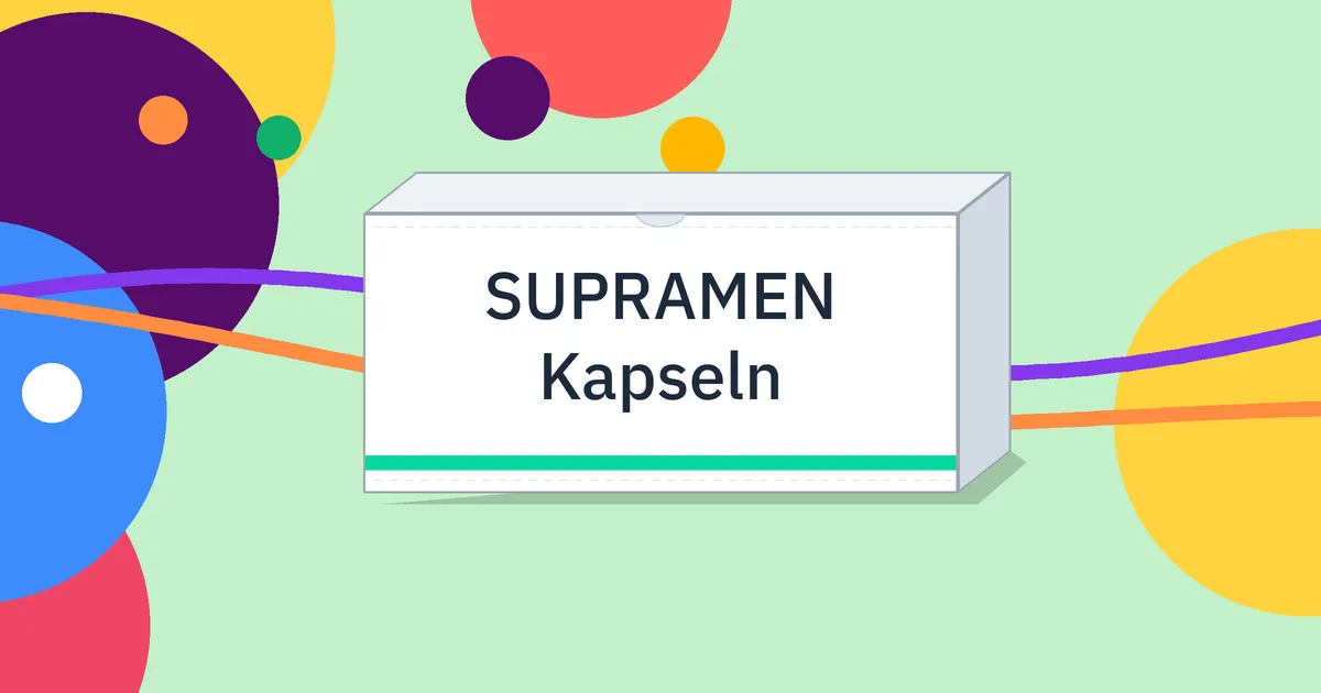 Symbolbild: Packung mit der Aufschrift SUPRAMEN Kapseln (PZN 20512771) – Verfügbarkeit und Bezug in Apotheken in Frankfurt am Main