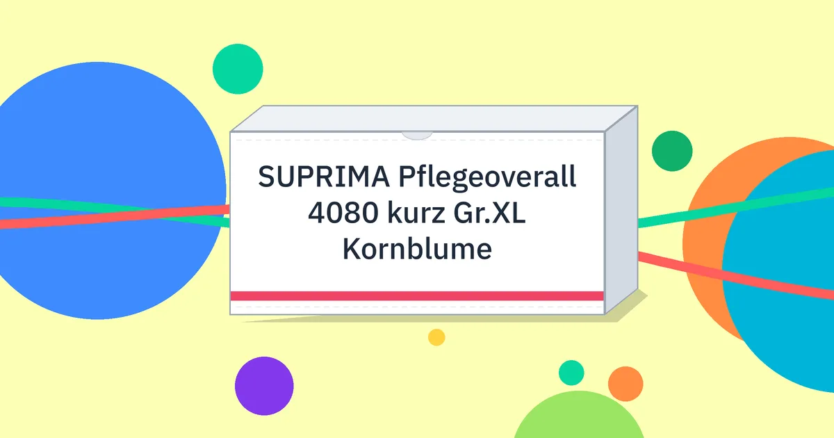 Symbolbild: Packung mit der Aufschrift SUPRIMA Pflegeoverall 4080 kurz Gr.XL Kornblume (PZN 11659736) – Verfügbarkeit und Bezug in Apotheken in Frankfurt am Main