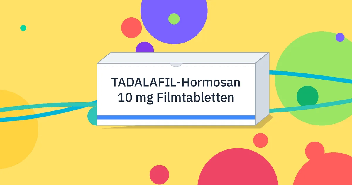 Symbolbild: Packung mit der Aufschrift TADALAFIL-Hormosan 10 mg Filmtabletten (PZN 19411160) – Verfügbarkeit und Bezug in Apotheken in Frankfurt am Main