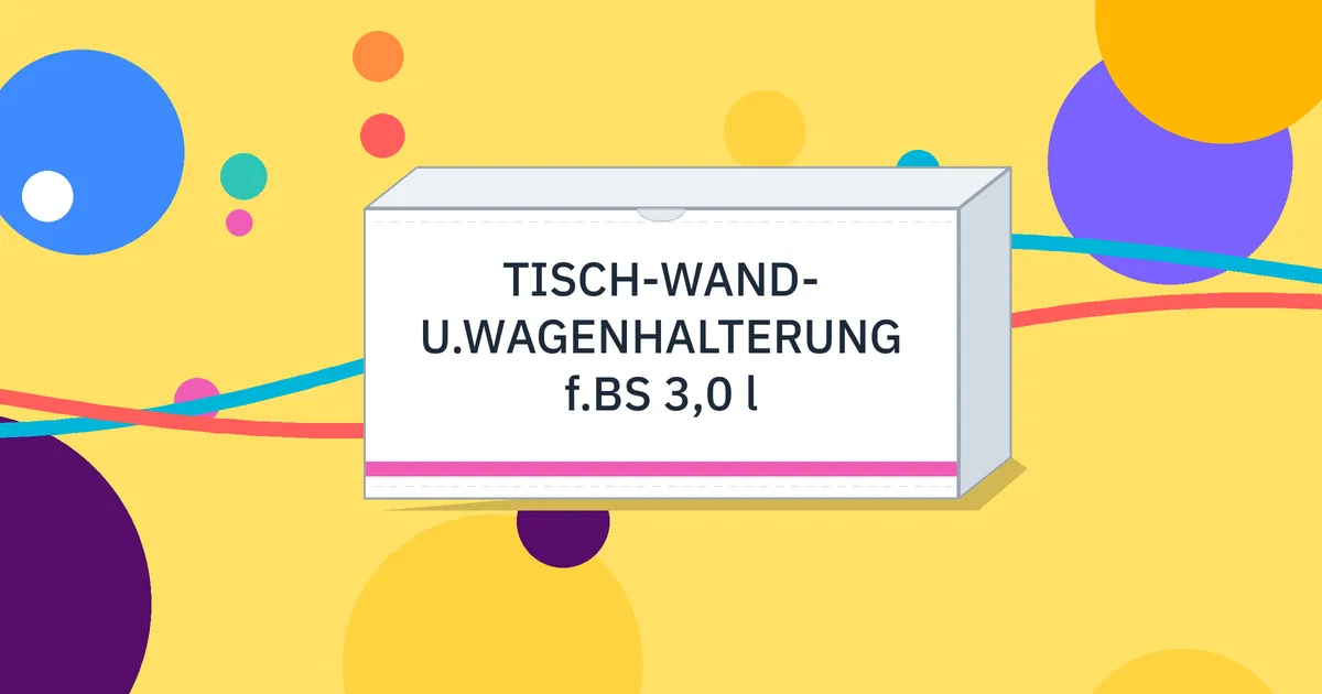 Symbolbild: Packung mit der Aufschrift TISCH-WAND- U.WAGENHALTERUNG f.BS 3,0 l (PZN 09107113) – Verfügbarkeit und Bezug in Apotheken in Frankfurt am Main