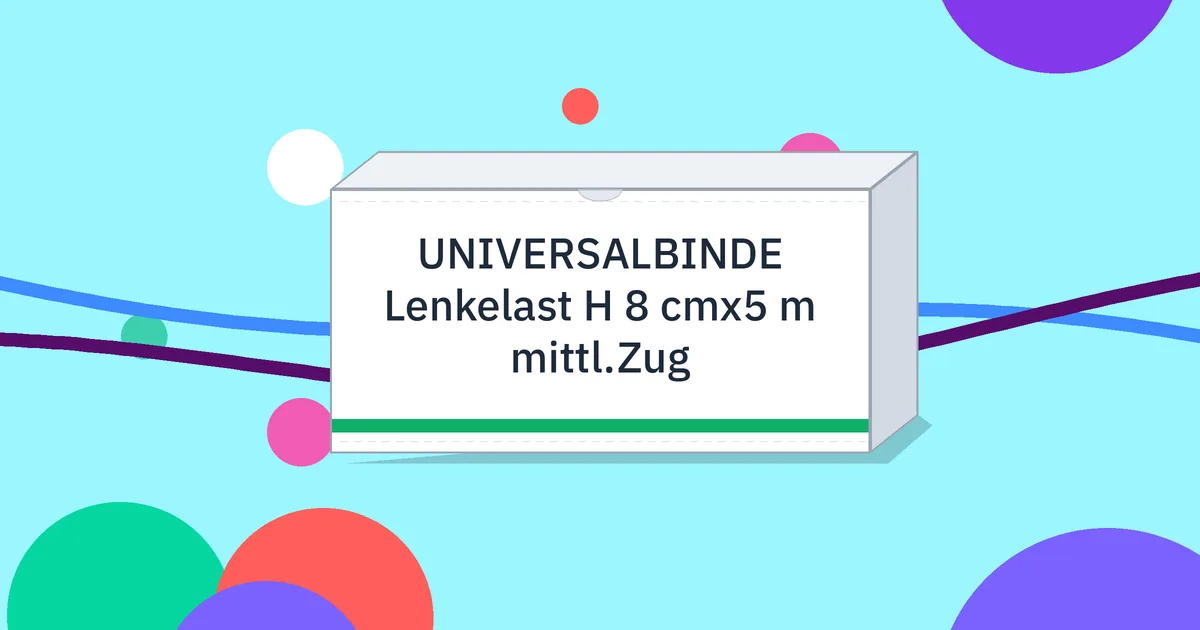 Symbolbild: Packung mit der Aufschrift UNIVERSALBINDE Lenkelast H 8 cmx5 m mittl.Zug (PZN 12774830) – Verfügbarkeit und Bezug in Apotheken in Frankfurt am Main