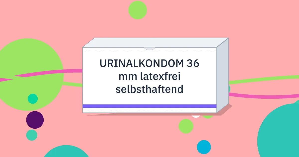 Symbolbild: Packung mit der Aufschrift URINALKONDOM 36 mm latexfrei selbsthaftend (PZN 07048168) – Verfügbarkeit und Bezug in Apotheken in Frankfurt am Main