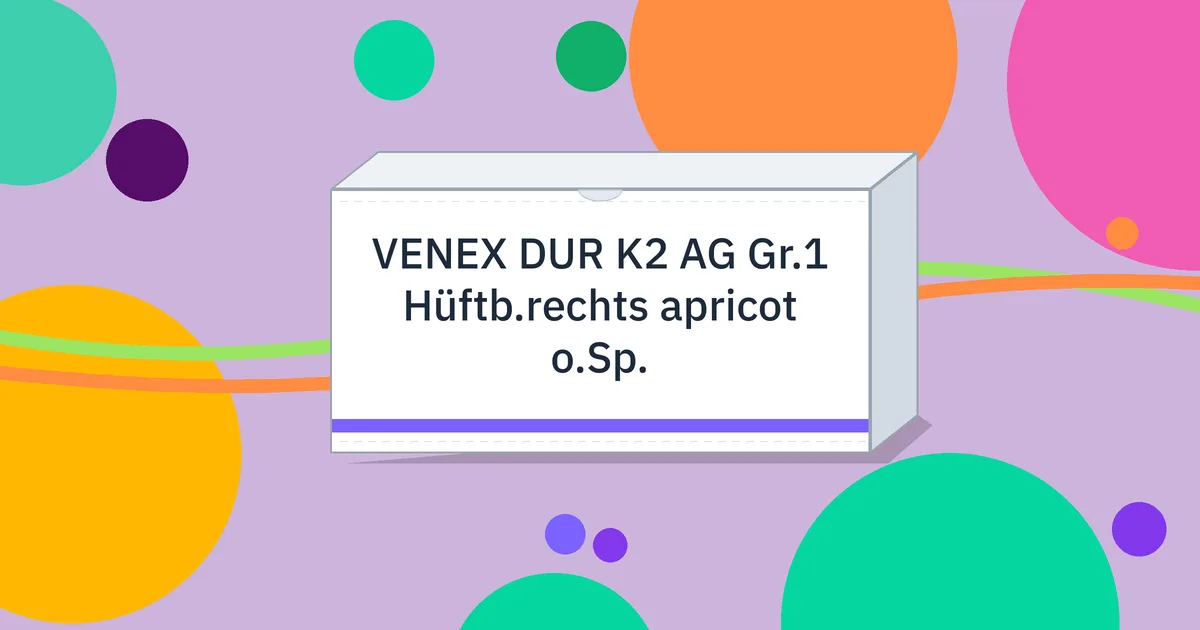 Symbolbild: Packung mit der Aufschrift VENEX DUR K2 AG Gr.1 Hüftb.rechts apricot o.Sp. (PZN 03231332) – Verfügbarkeit und Bezug in Apotheken in Frankfurt am Main