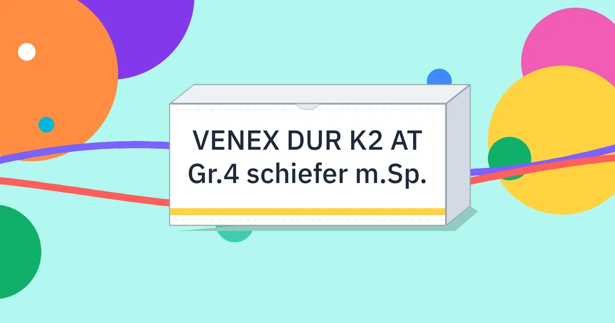 Symbolbild: Packung mit der Aufschrift VENEX DUR K2 AT Gr.4 schiefer m.Sp. (PZN 03222043) – Verfügbarkeit und Bezug in Apotheken in Frankfurt am Main