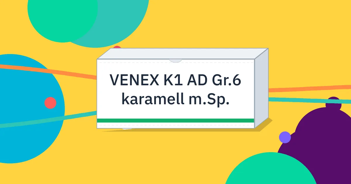 Symbolbild: Packung mit der Aufschrift VENEX K1 AD Gr.6 karamell m.Sp. (PZN 13757265) – Verfügbarkeit und Bezug in Apotheken in Frankfurt am Main