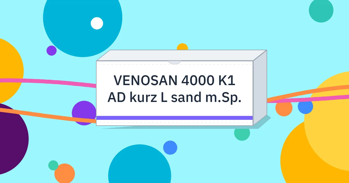 Symbolbild: Packung mit der Aufschrift VENOSAN 4000 K1 AD kurz L sand m.Sp. (PZN 14421886) – Verfügbarkeit und Bezug in Apotheken in Frankfurt am Main