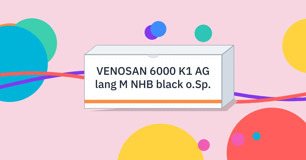 Symbolbild: Packung mit der Aufschrift VENOSAN 6000 K1 AG lang M NHB black o.Sp. (PZN 17171680) – Verfügbarkeit und Bezug in Apotheken in Frankfurt am Main