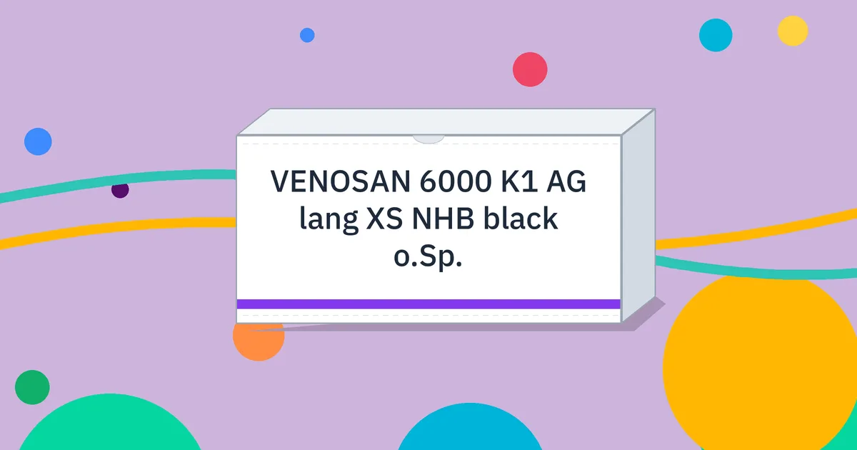 Symbolbild: Packung mit der Aufschrift VENOSAN 6000 K1 AG lang XS NHB black o.Sp. (PZN 17171668) – Verfügbarkeit und Bezug in Apotheken in Frankfurt am Main