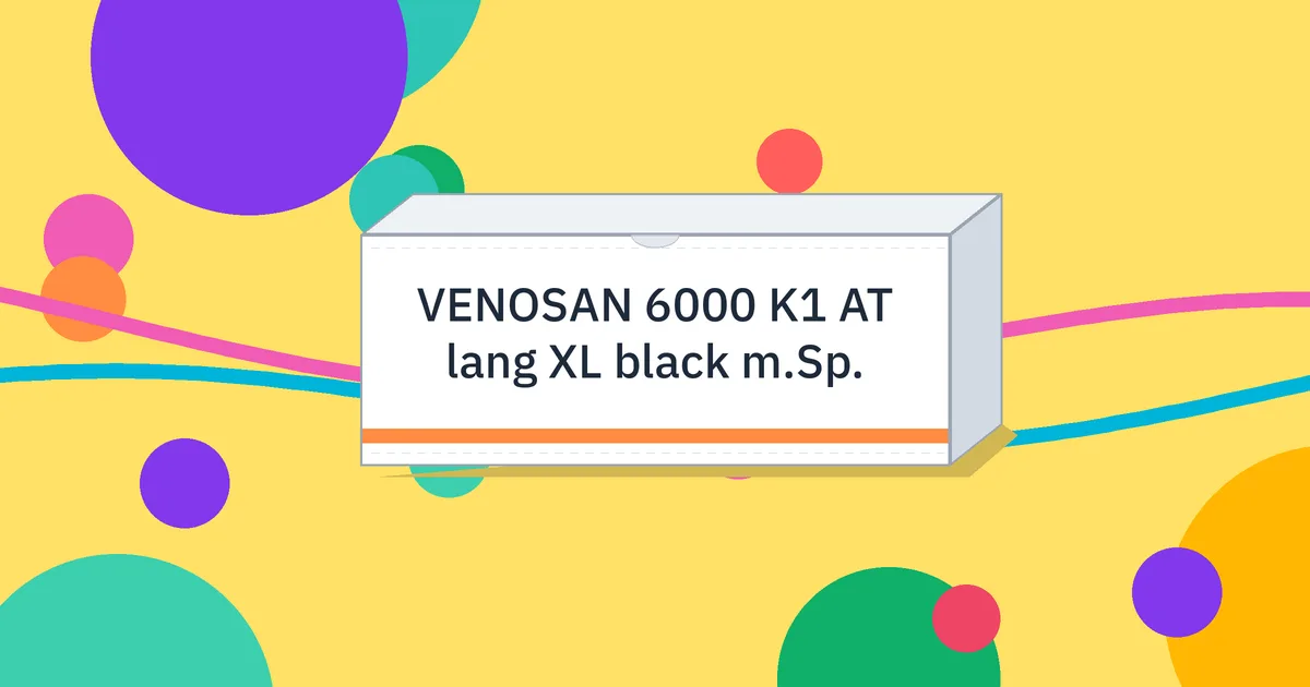 Symbolbild: Packung mit der Aufschrift VENOSAN 6000 K1 AT lang XL black m.Sp. (PZN 17172047) – Verfügbarkeit und Bezug in Apotheken in Frankfurt am Main