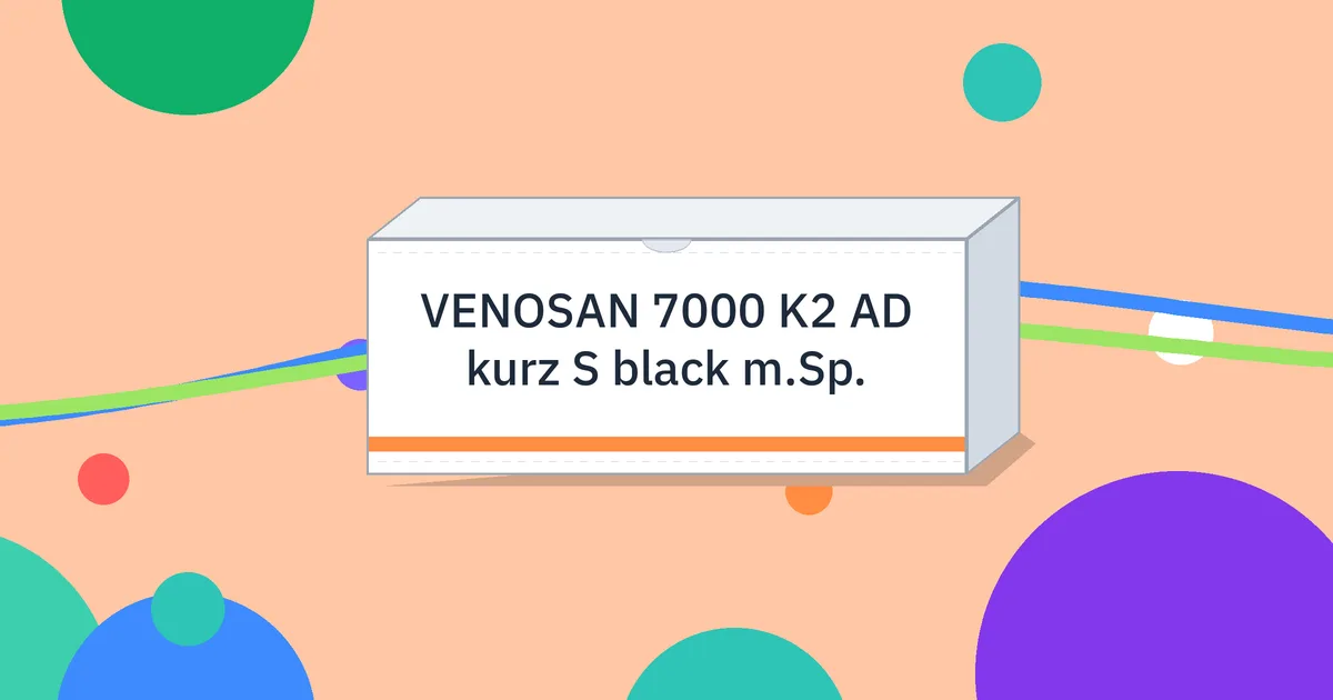 Symbolbild: Packung mit der Aufschrift VENOSAN 7000 K2 AD kurz S black m.Sp. (PZN 14435641) – Verfügbarkeit und Bezug in Apotheken in Frankfurt am Main