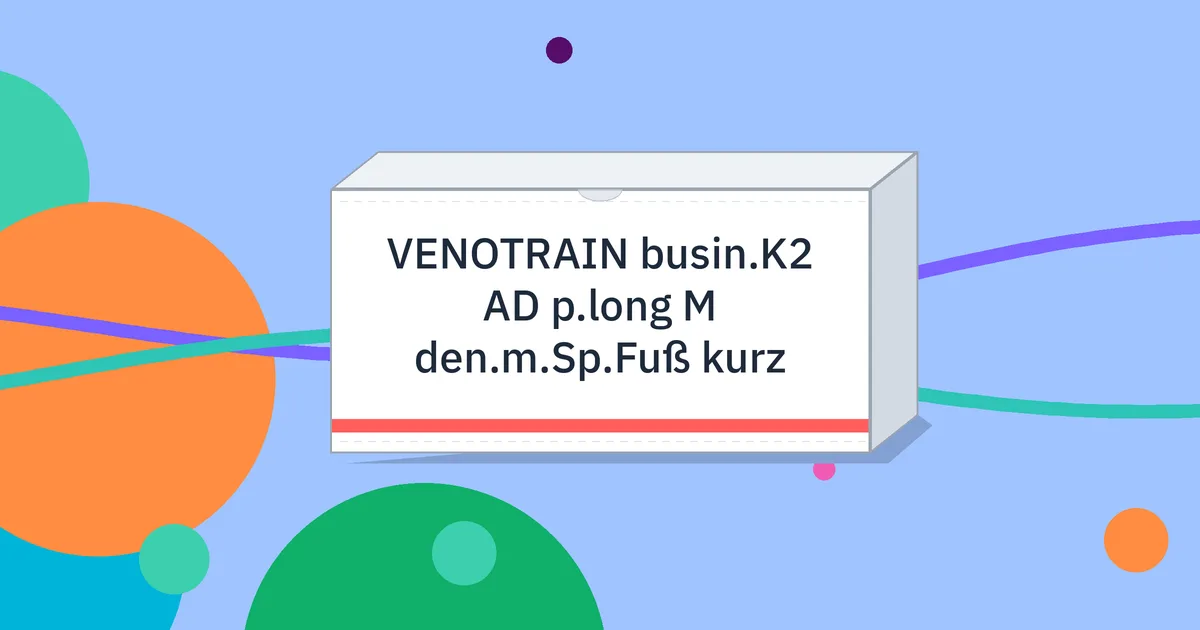 Symbolbild: Packung mit der Aufschrift VENOTRAIN busin.K2 AD p.long M den.m.Sp.Fuß kurz (PZN 19057882) – Verfügbarkeit und Bezug in Apotheken in Frankfurt am Main