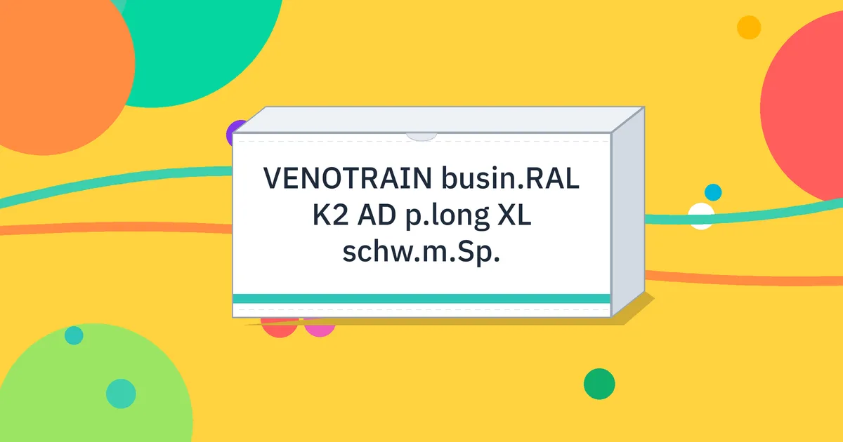 Symbolbild: Packung mit der Aufschrift VENOTRAIN busin.RAL K2 AD p.long XL schw.m.Sp. (PZN 06949679) – Verfügbarkeit und Bezug in Apotheken in Frankfurt am Main