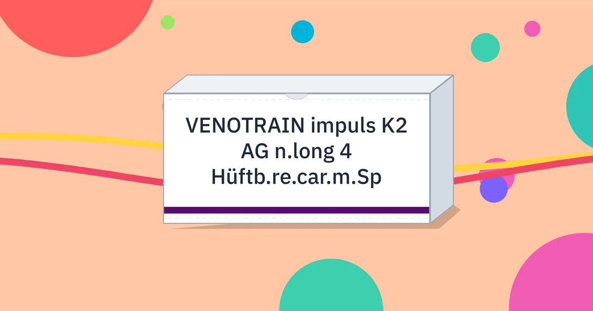 Symbolbild: Packung mit der Aufschrift VENOTRAIN impuls K2 AG n.long 4 Hüftb.re.car.m.Sp (PZN 10292736) – Verfügbarkeit und Bezug in Apotheken in Frankfurt am Main