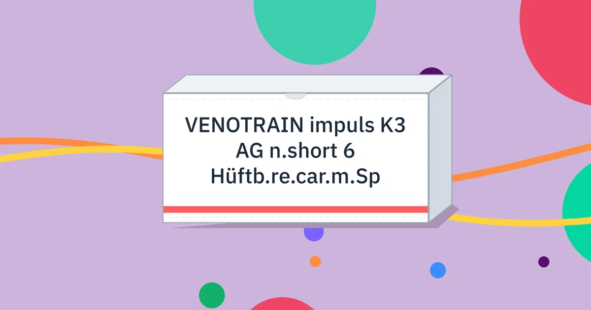 Symbolbild: Packung mit der Aufschrift VENOTRAIN impuls K3 AG n.short 6 Hüftb.re.car.m.Sp (PZN 10293569) – Verfügbarkeit und Bezug in Apotheken in Frankfurt am Main