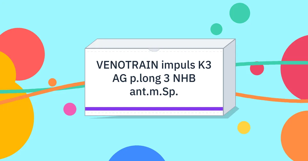 Symbolbild: Packung mit der Aufschrift VENOTRAIN impuls K3 AG p.long 3 NHB ant.m.Sp. (PZN 15216059) – Verfügbarkeit und Bezug in Apotheken in Frankfurt am Main