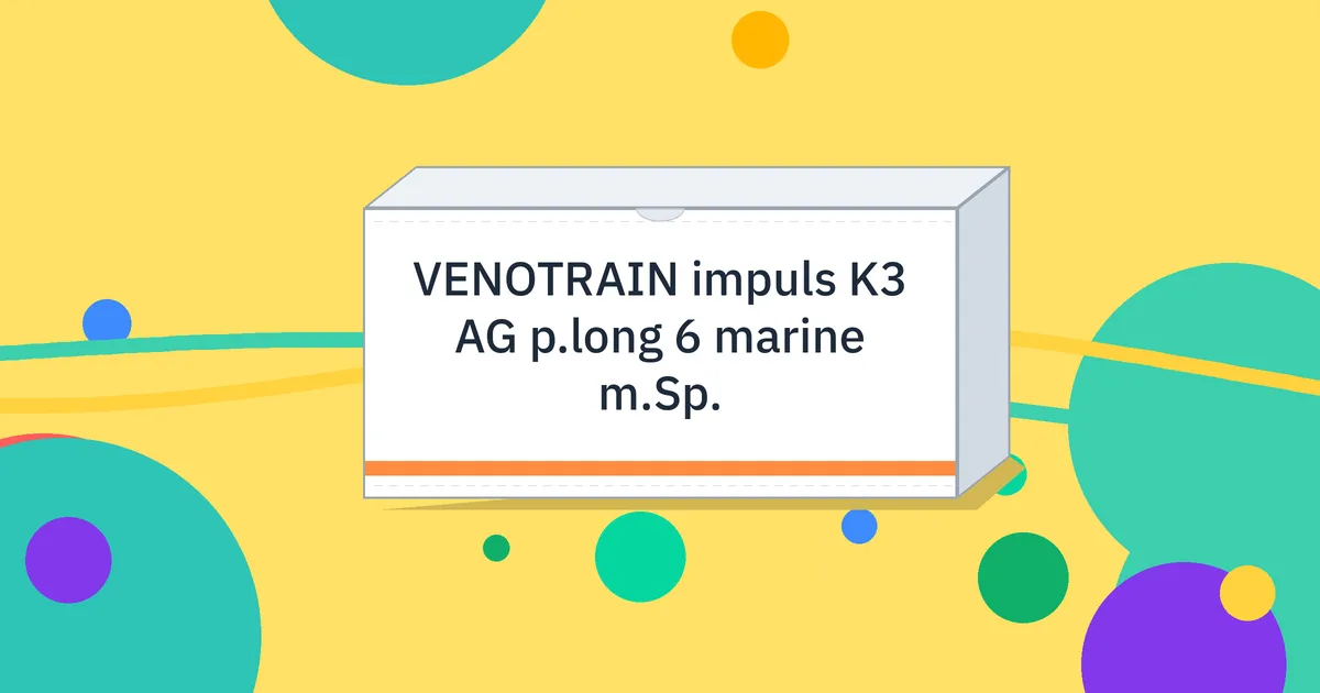 Symbolbild: Packung mit der Aufschrift VENOTRAIN impuls K3 AG p.long 6 marine m.Sp. (PZN 15213090) – Verfügbarkeit und Bezug in Apotheken in Frankfurt am Main