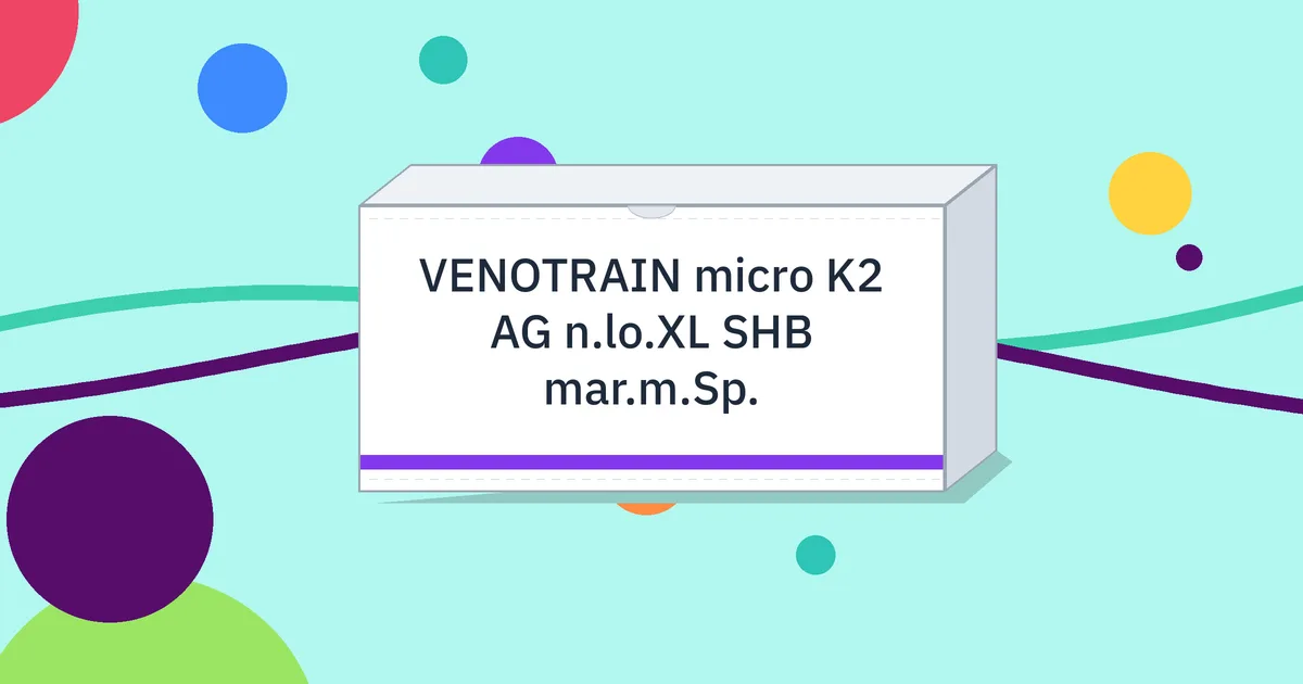 Symbolbild: Packung mit der Aufschrift VENOTRAIN micro K2 AG n.lo.XL SHB mar.m.Sp. (PZN 06160532) – Verfügbarkeit und Bezug in Apotheken in Frankfurt am Main