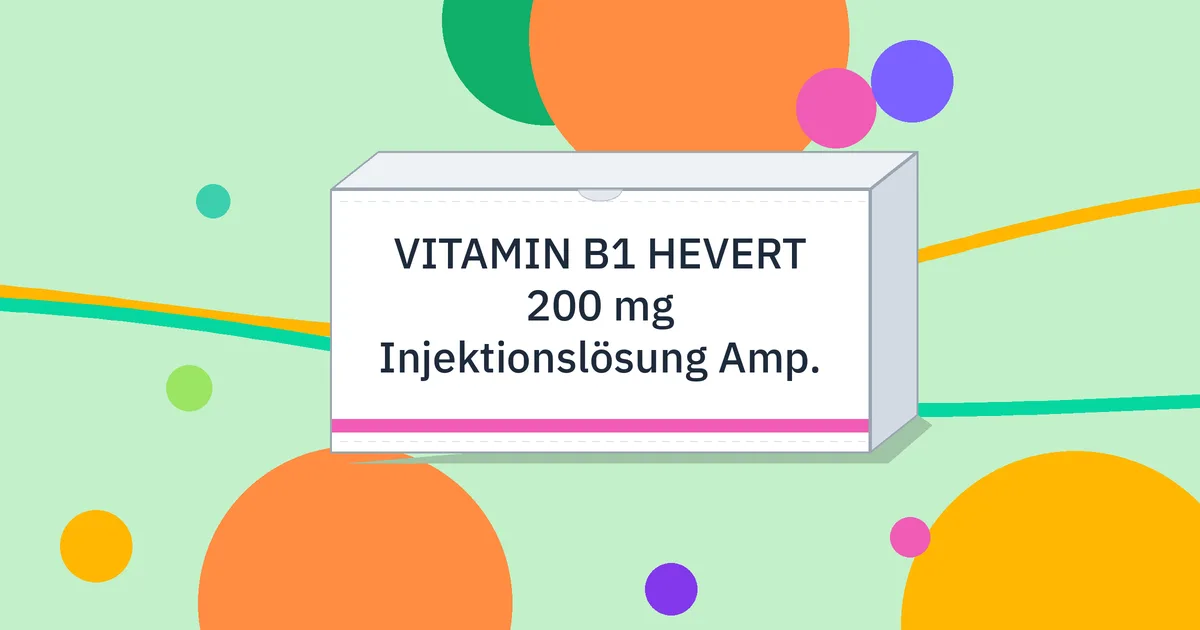 Symbolbild: Packung mit der Aufschrift VITAMIN B1 HEVERT 200 mg Injektionslösung Amp. (PZN 19831608) – Verfügbarkeit und Bezug in Apotheken in Frankfurt am Main