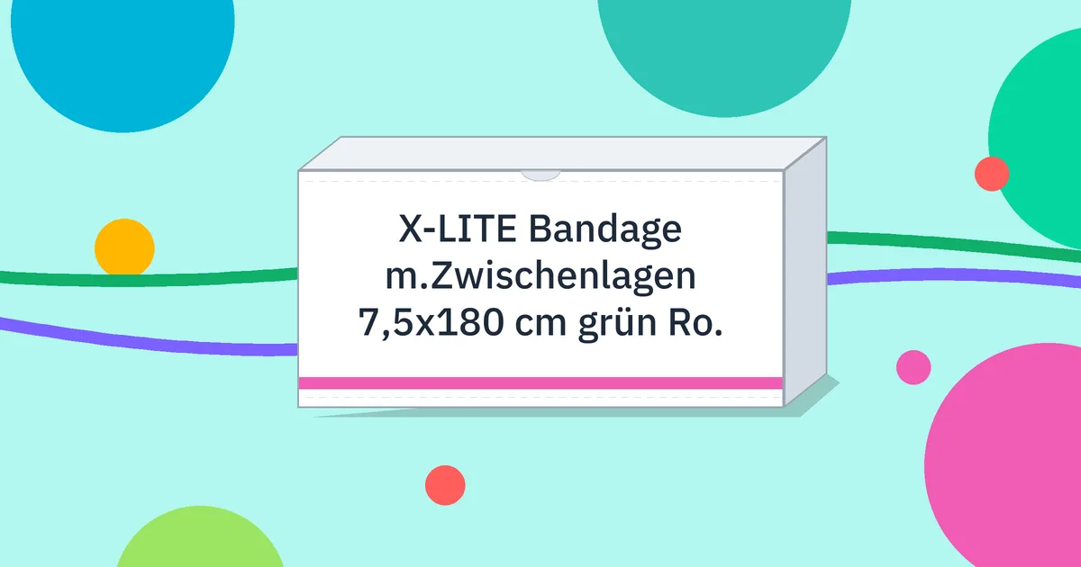 Symbolbild: Packung mit der Aufschrift X-LITE Bandage m.Zwischenlagen 7,5x180 cm grün Ro. (PZN 02466978) – Verfügbarkeit und Bezug in Apotheken in Frankfurt am Main