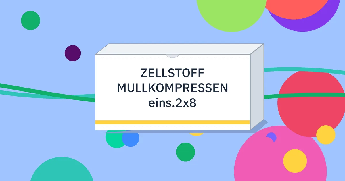 Symbolbild: Packung mit der Aufschrift ZELLSTOFF MULLKOMPRESSEN eins.2x8 (PZN 01722824) – Verfügbarkeit und Bezug in Apotheken in Frankfurt am Main