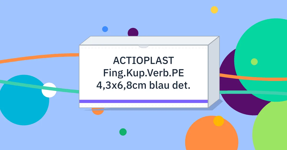 Symbolbild: Packung mit der Aufschrift ACTIOPLAST Fing.Kup.Verb.PE 4,3x6,8cm blau det. (PZN 06589235) – Verfügbarkeit und Bezug in Apotheken in Frankfurt am Main