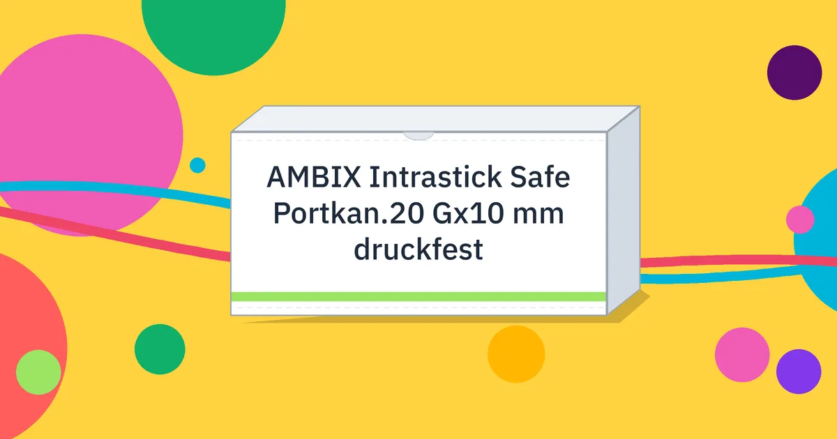 Symbolbild: Packung mit der Aufschrift AMBIX Intrastick Safe Portkan.20 Gx10 mm druckfest (PZN 09619304) – Verfügbarkeit und Bezug in Apotheken in Frankfurt am Main