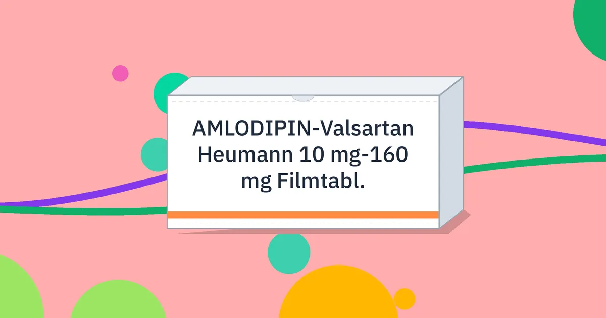 Symbolbild: Packung mit der Aufschrift AMLODIPIN-Valsartan Heumann 10 mg-160 mg Filmtabl. (PZN 14214986) – Verfügbarkeit und Bezug in Apotheken in Frankfurt am Main