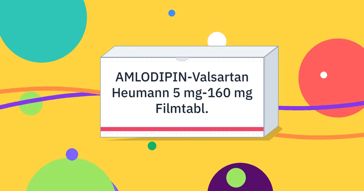Symbolbild: Packung mit der Aufschrift AMLODIPIN-Valsartan Heumann 5 mg-160 mg Filmtabl. (PZN 14214957) – Verfügbarkeit und Bezug in Apotheken in Frankfurt am Main