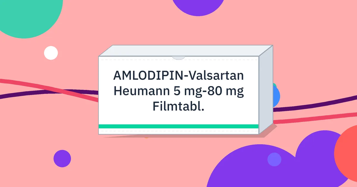 Symbolbild: Packung mit der Aufschrift AMLODIPIN-Valsartan Heumann 5 mg-80 mg Filmtabl. (PZN 14214897) – Verfügbarkeit und Bezug in Apotheken in Frankfurt am Main