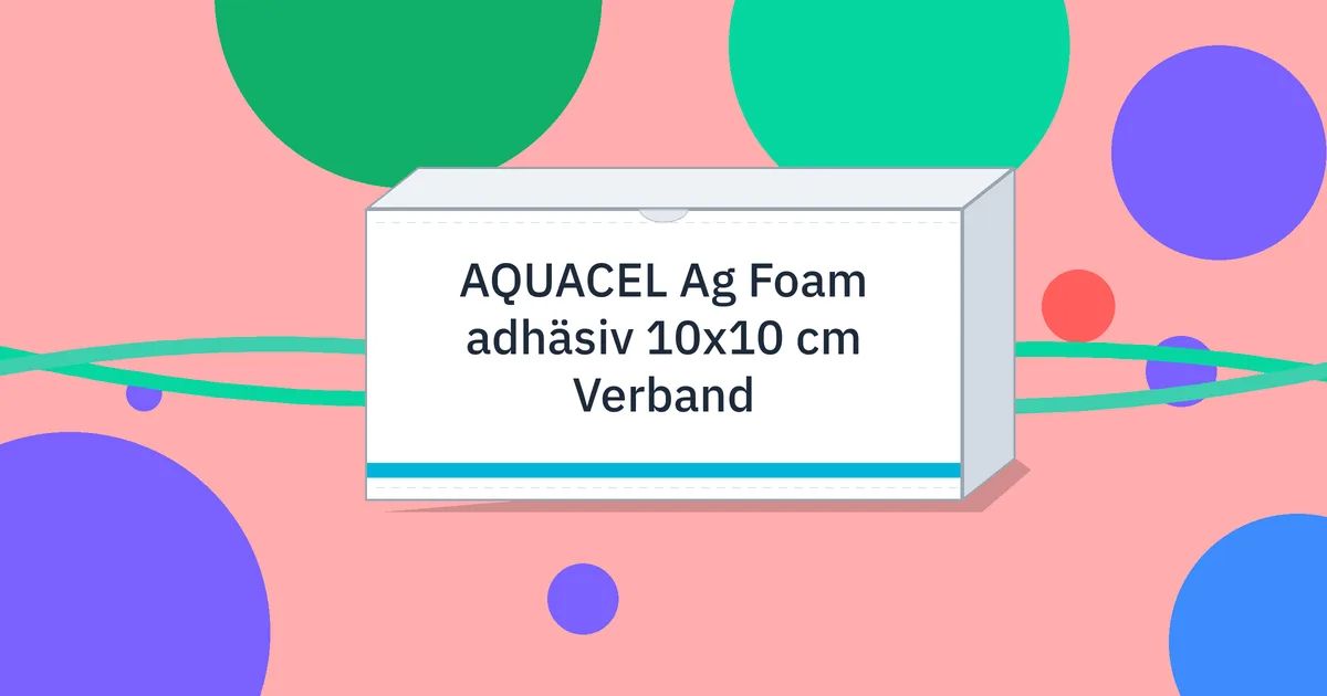 Symbolbild: Packung mit der Aufschrift AQUACEL Ag Foam adhäsiv 10x10 cm Verband (PZN 11381123) – Verfügbarkeit und Bezug in Apotheken in Frankfurt am Main