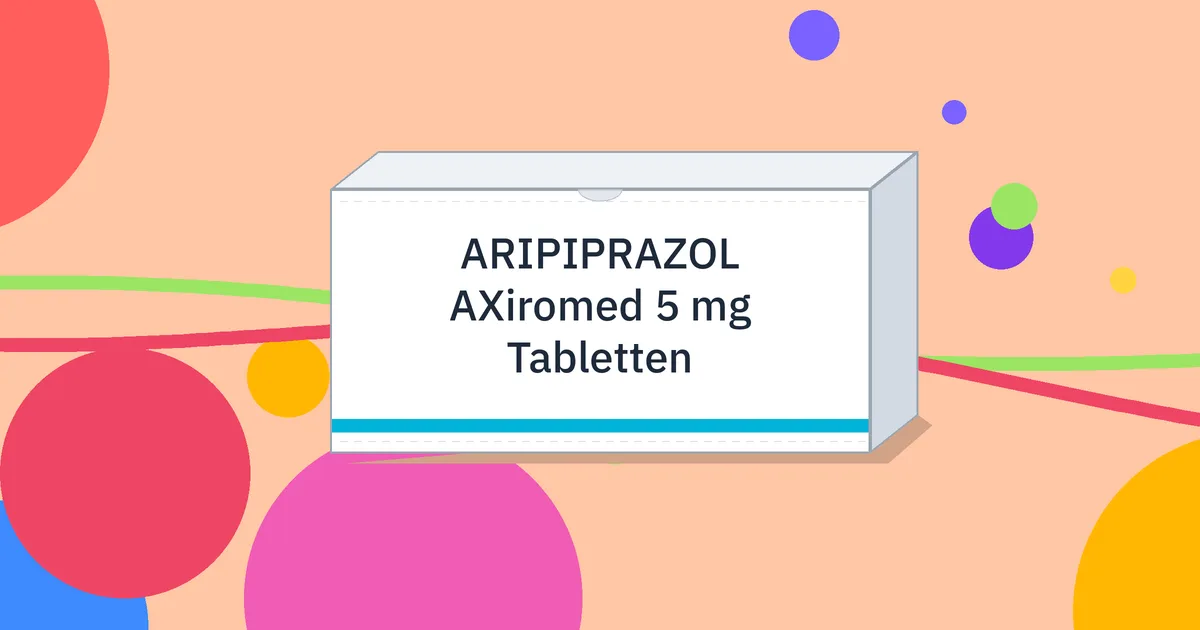 Symbolbild: Packung mit der Aufschrift ARIPIPRAZOL AXiromed 5 mg Tabletten (PZN 13817079) – Verfügbarkeit und Bezug in Apotheken in Frankfurt am Main