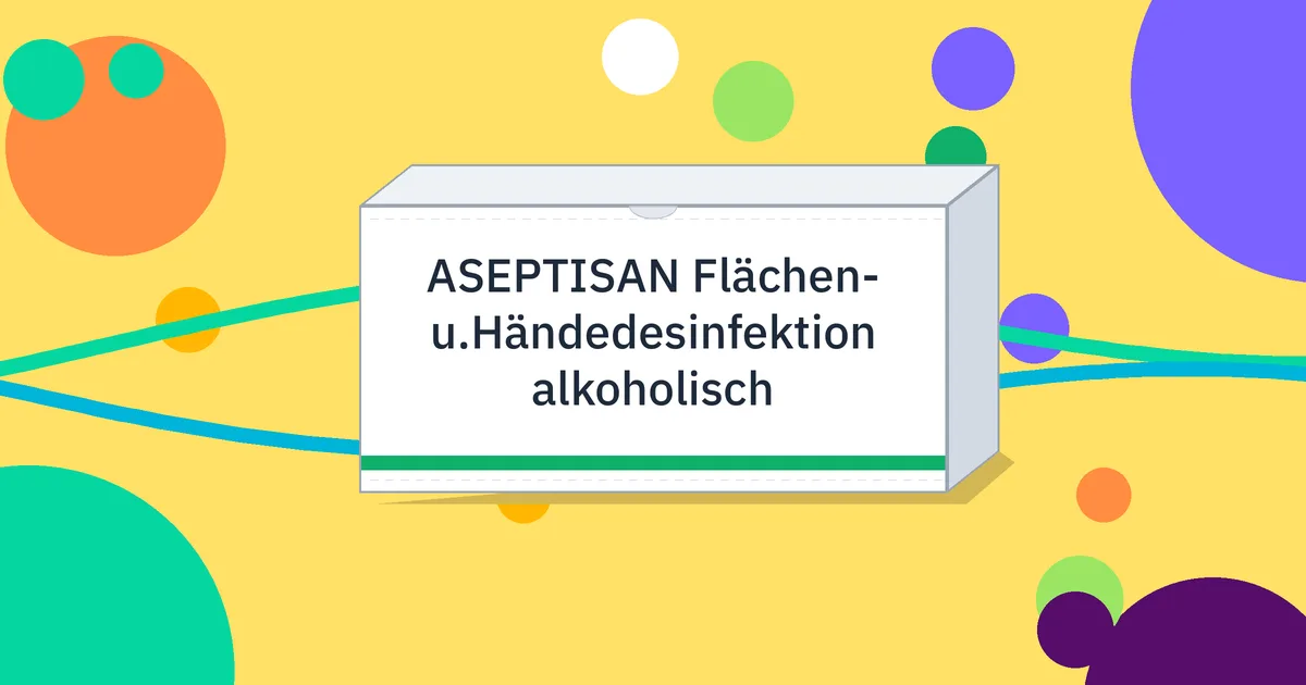 Symbolbild: Packung mit der Aufschrift ASEPTISAN Flächen- u.Händedesinfektion alkoholisch (PZN 16613727) – Verfügbarkeit und Bezug in Apotheken in Frankfurt am Main