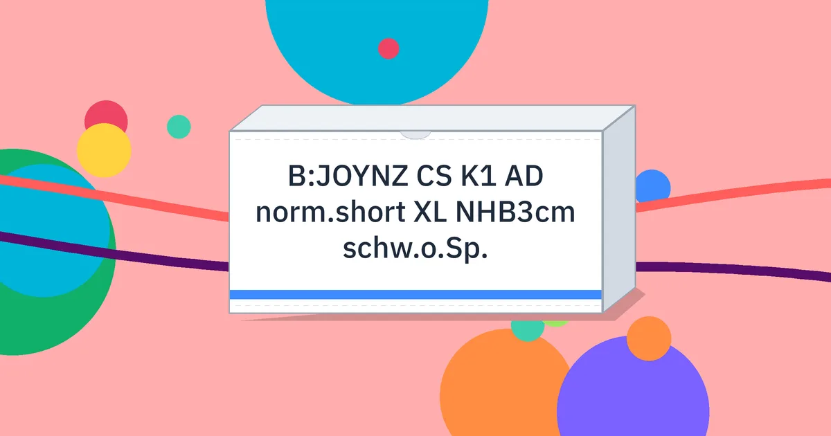 Symbolbild: Packung mit der Aufschrift B:JOYNZ CS K1 AD norm.short XL NHB3cm schw.o.Sp. (PZN 20529808) – Verfügbarkeit und Bezug in Apotheken in Frankfurt am Main
