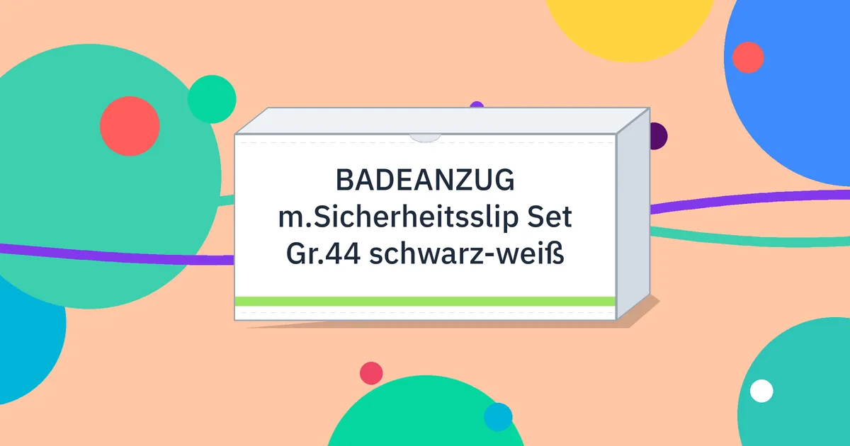 Symbolbild: Packung mit der Aufschrift BADEANZUG m.Sicherheitsslip Set Gr.44 schwarz-weiß (PZN 15263745) – Verfügbarkeit und Bezug in Apotheken in Frankfurt am Main