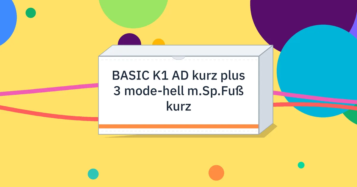 Symbolbild: Packung mit der Aufschrift BASIC K1 AD kurz plus 3 mode-hell m.Sp.Fuß kurz (PZN 20257988) – Verfügbarkeit und Bezug in Apotheken in Frankfurt am Main