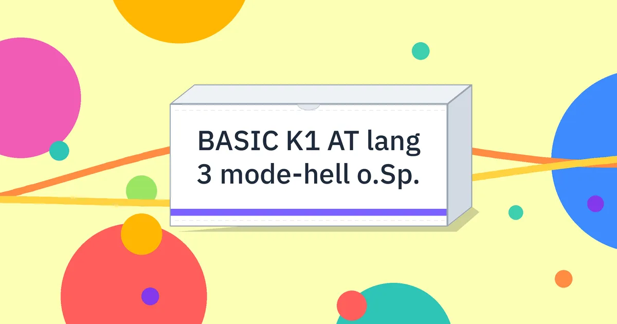 Symbolbild: Packung mit der Aufschrift BASIC K1 AT lang 3 mode-hell o.Sp. (PZN 20262564) – Verfügbarkeit und Bezug in Apotheken in Frankfurt am Main