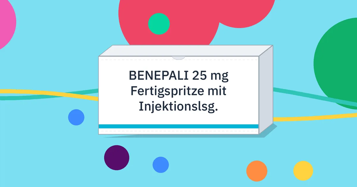 Symbolbild: Packung mit der Aufschrift BENEPALI 25 mg Fertigspritze mit Injektionslsg. (PZN 13167204) – Verfügbarkeit und Bezug in Apotheken in Frankfurt am Main