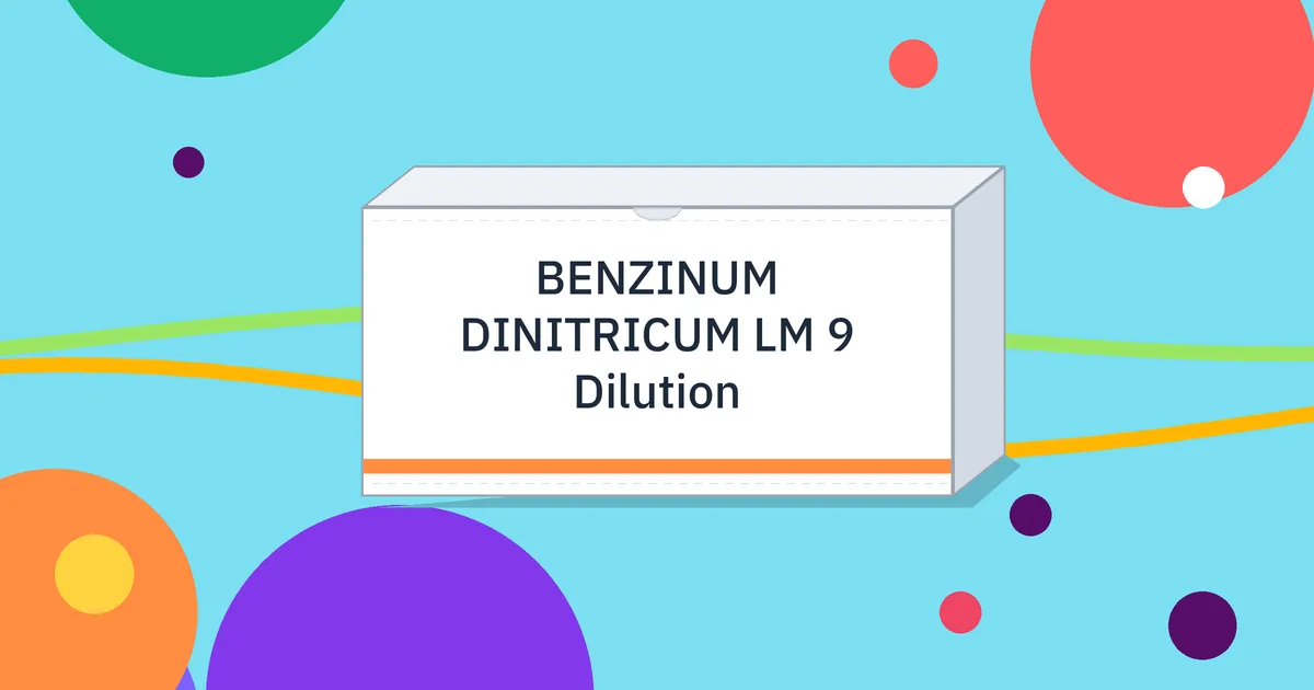 Symbolbild: Packung mit der Aufschrift BENZINUM DINITRICUM LM 9 Dilution (PZN 13382138) – Verfügbarkeit und Bezug in Apotheken in Frankfurt am Main