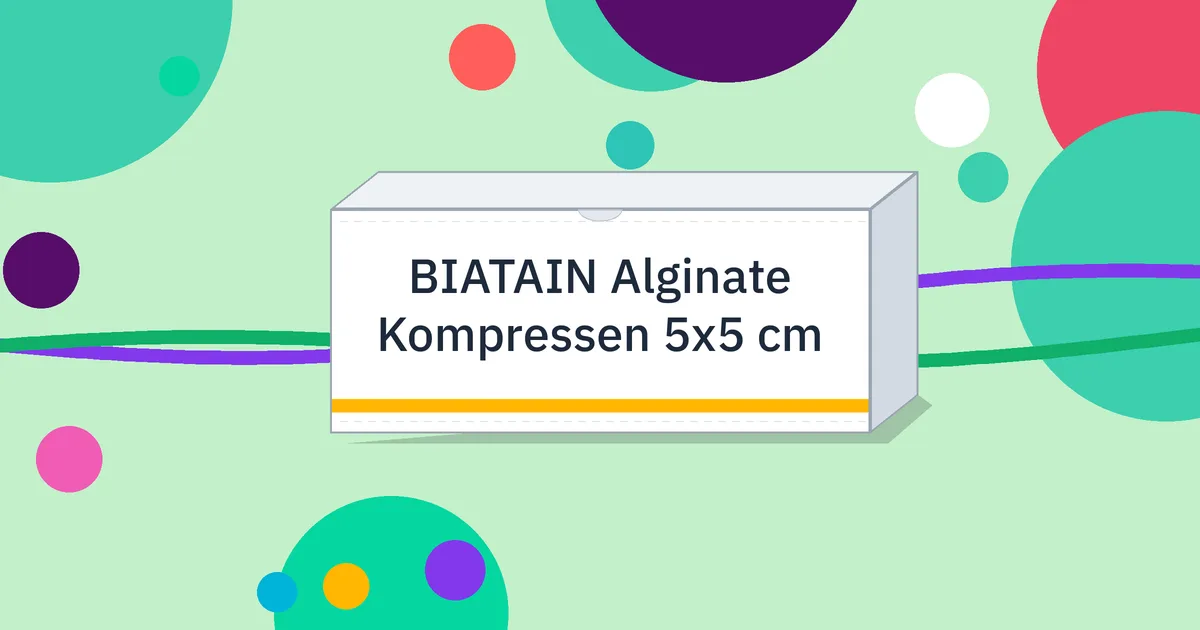 Symbolbild: Packung mit der Aufschrift BIATAIN Alginate Kompressen 5x5 cm (PZN 11646834) – Verfügbarkeit und Bezug in Apotheken in Frankfurt am Main