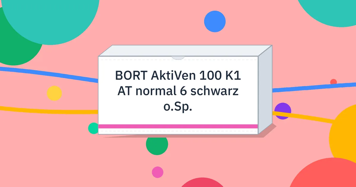 Symbolbild: Packung mit der Aufschrift BORT AktiVen 100 K1 AT normal 6 schwarz o.Sp. (PZN 14388775) – Verfügbarkeit und Bezug in Apotheken in Frankfurt am Main