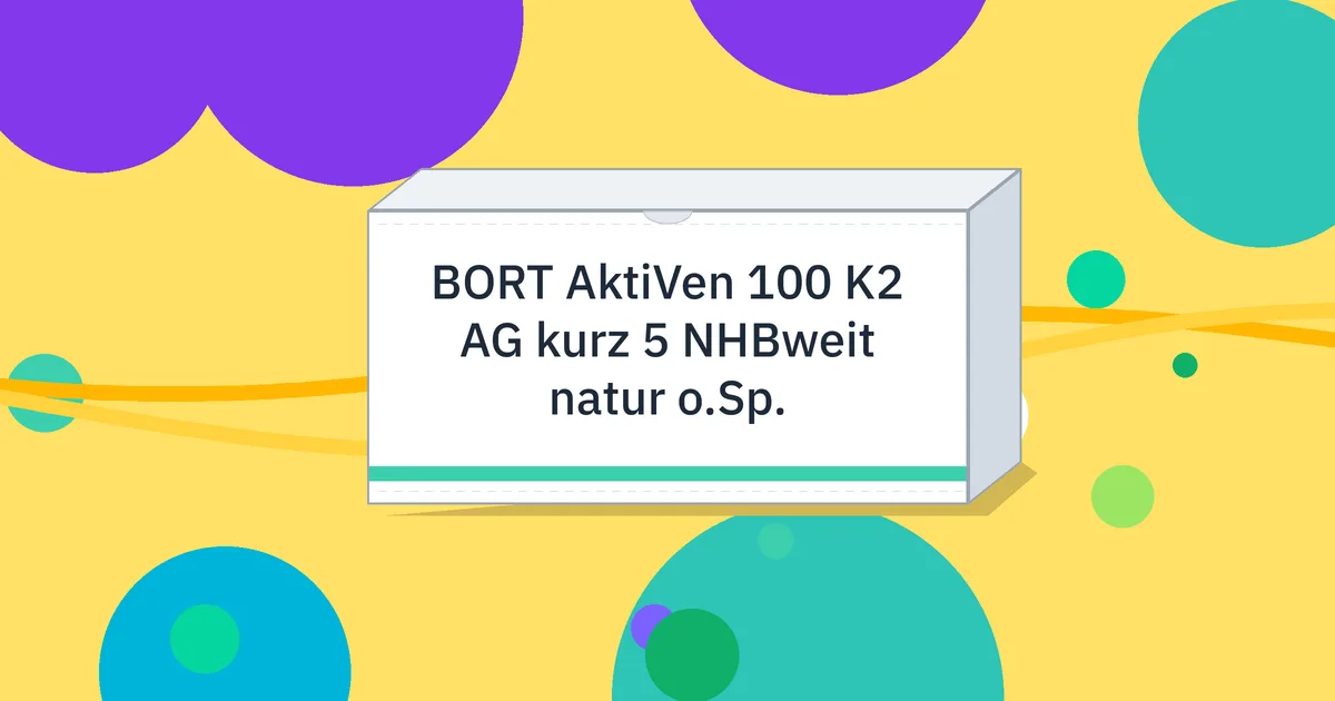 Symbolbild: Packung mit der Aufschrift BORT AktiVen 100 K2 AG kurz 5 NHBweit natur o.Sp. (PZN 13730332) – Verfügbarkeit und Bezug in Apotheken in Frankfurt am Main